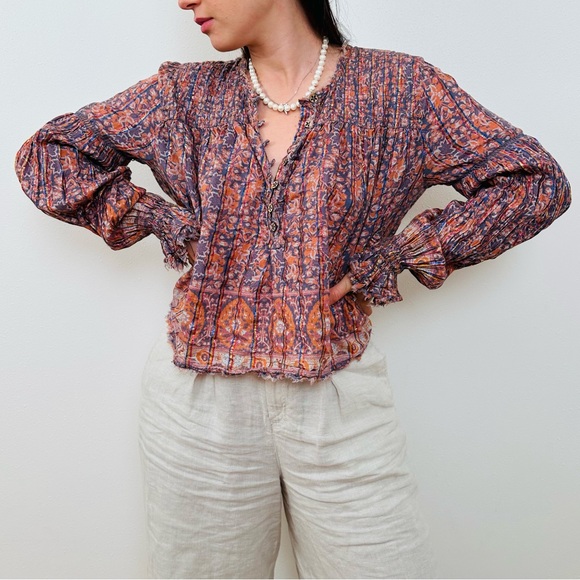 Free People | Tops | Free People Casual Red Floral Print Smocked Blouse ...